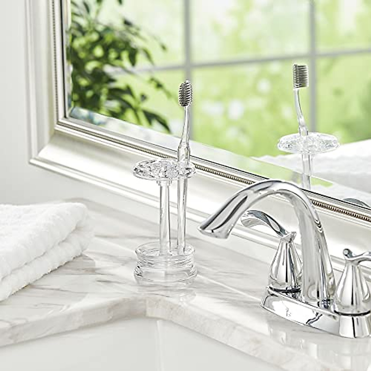mDesign Plastic Bathroom Vanity Countertop Accessory Set - Includes Refillable Soap Dispenser, Divided Toothbrush Stand, Tumbler Rinsing Cup, Soap Dish - 4 Pieces - Clear