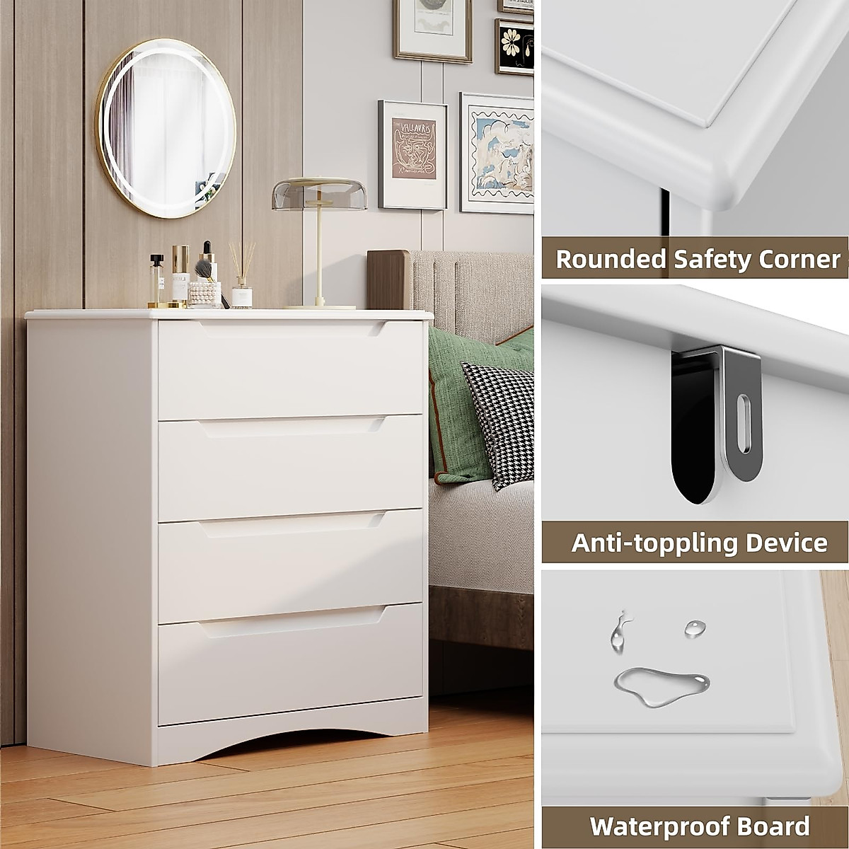 Bealife 4 Drawer Dresser, White Dresser for Bedroom for Storage, Modern Chest of Drawers with Recessed Handle and Anti-Tipping Device for Office, Living Room, Hallway