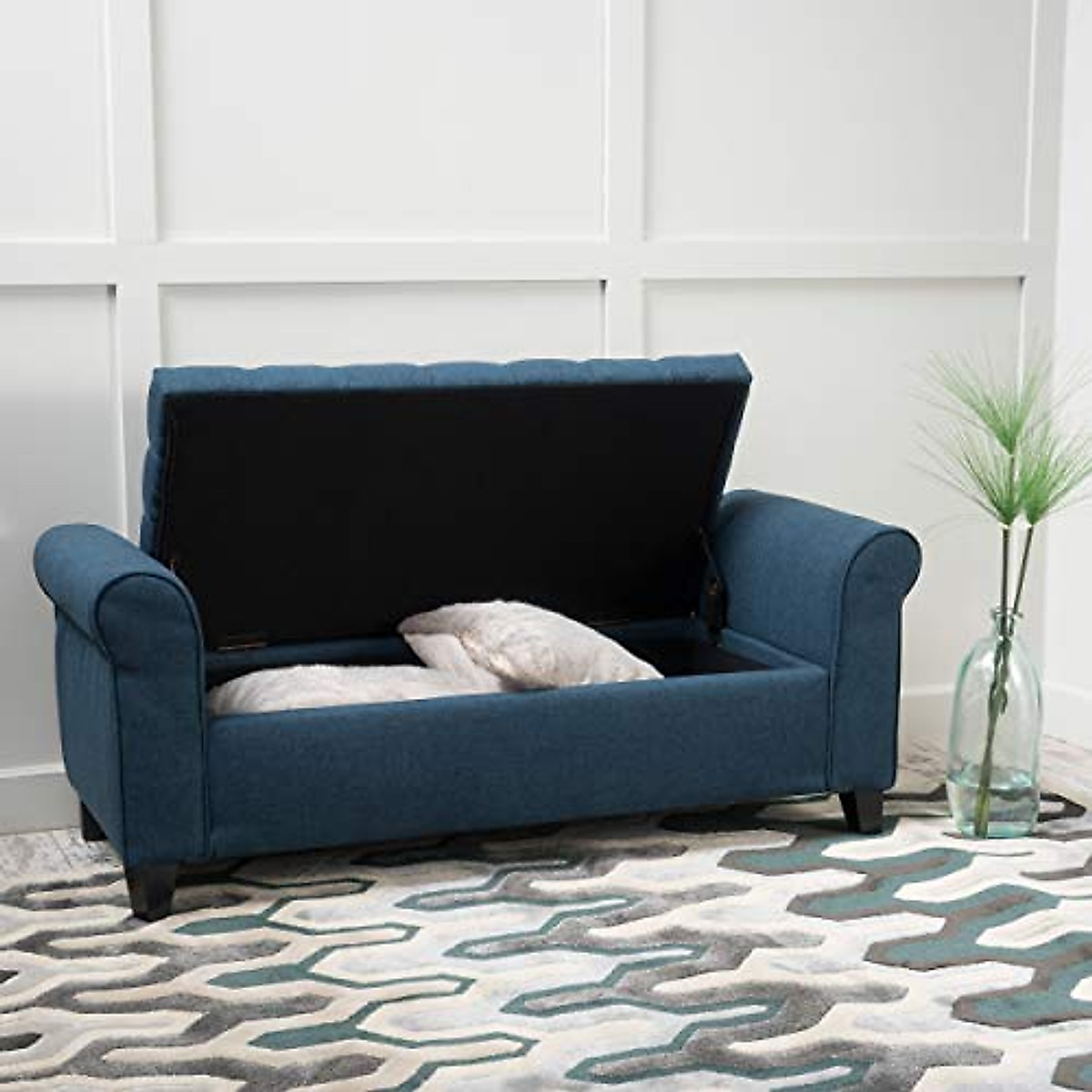 Christopher Knight Home Keiko Fabric Armed Storage Bench, Dark Blue, Dimensions: 19.75”D x 50.00”W x 20.5”H