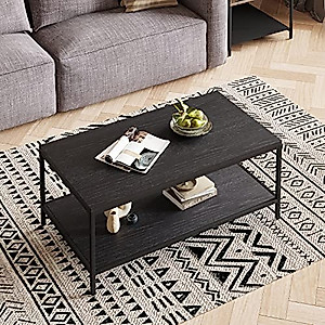 Novilla Modern Coffee Table with Storage Shelf Metal Frame for Living Room 43" Wood Tabletop Tea Table Cocktail Table,Easy Assembly, Black