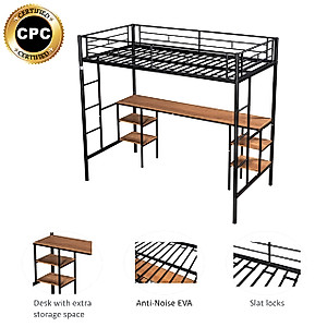 Metal Twin Loft Desk & Shelves/Metal Twin Loft Bed with Desk and Storage Shelves, Space-Saving Bed Frame with 2 Side Ladders and Safety Guard Rails for Kids Teens Adults,No Box Spring Needed