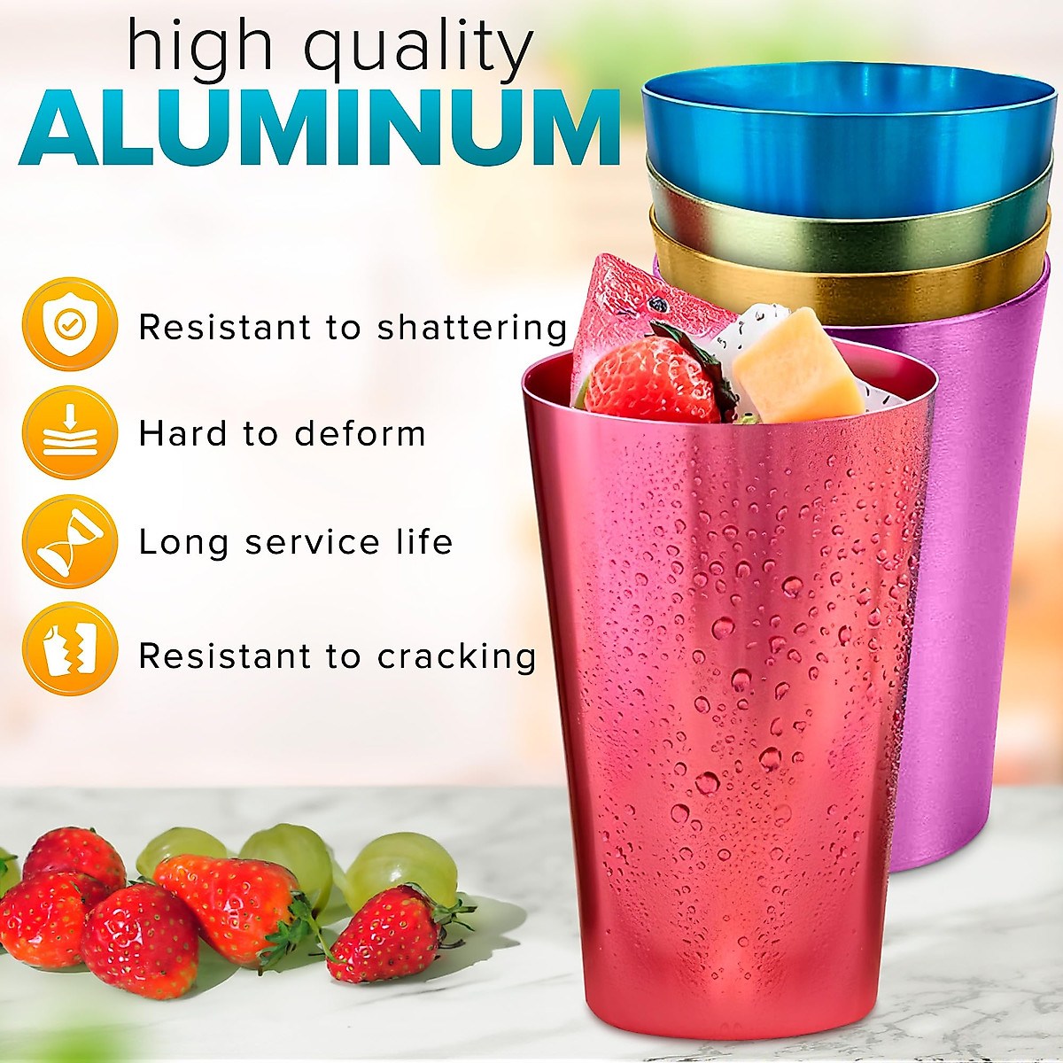 BURIUS Anodized Aluminum Drinking Cups Set - 6Pcs Wine Tumblers Aluminum Party Cups for Iced Coffee Bar Accessories Water Glasses - Colorful Wine Glasses for Drinking Water Tumbler Metal Cup
