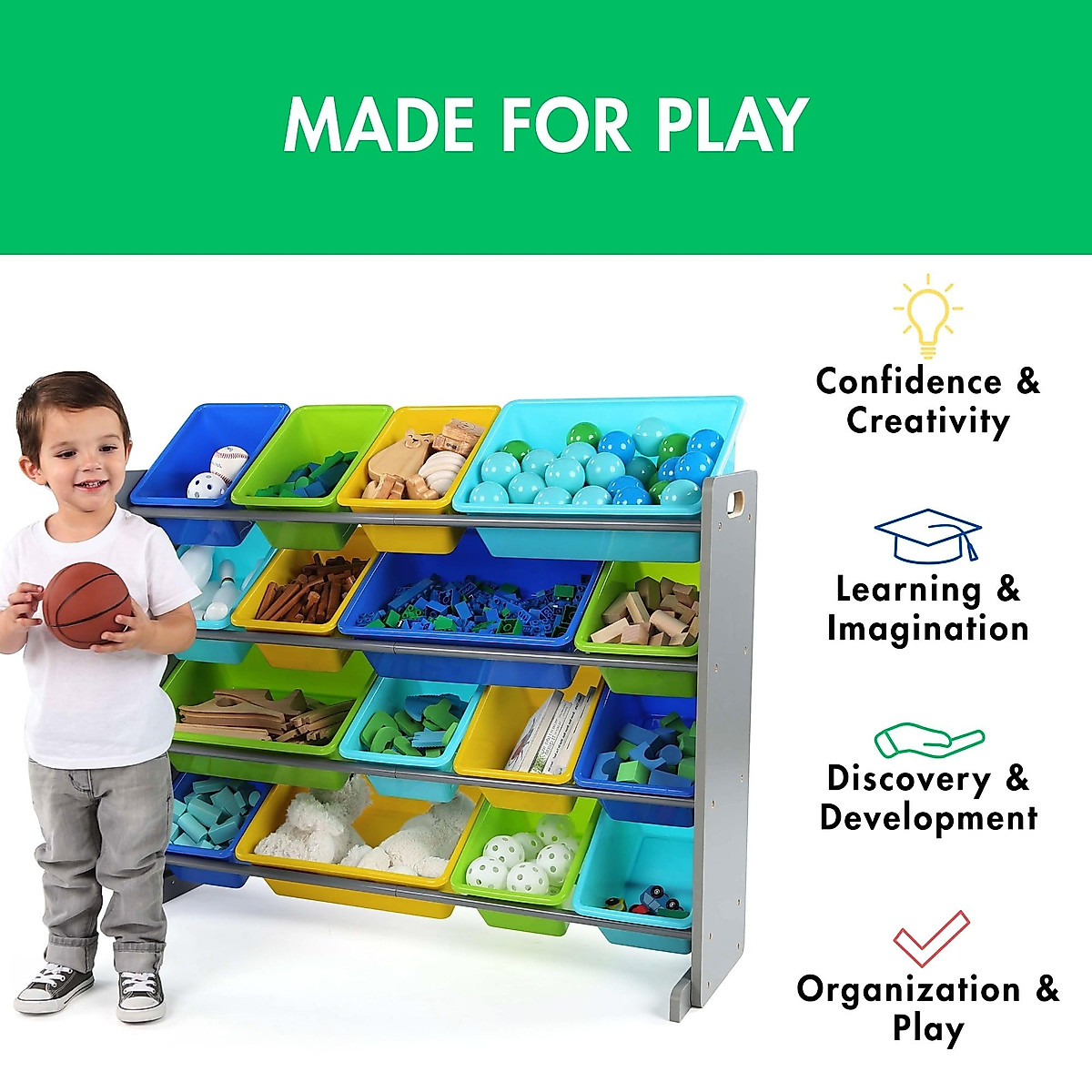 Humble Crew Extra-Large Toy Organizer, 16 Storage Bins, Grey/Blue/Green/Yellow,15.5"D x 42"W x 35"H