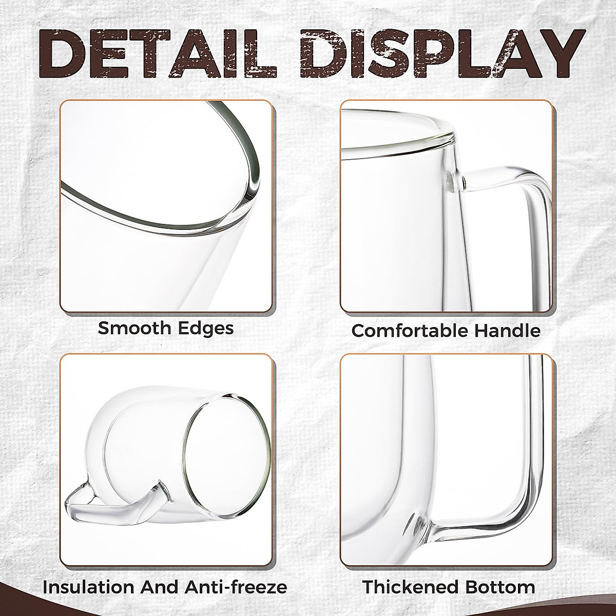 ETERMETA 2 Pack 12 oz Double Walled Glass Coffee Mugs with handle, Thermal Insulted No Condensation Coffee & Tea Cups, Clear Mugs for Americano, Latte, Espresso, Cappuccinos Beverage