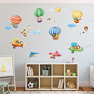 DECOWALL DAT-1406B1506B Animal Hot Air Balloons and Biplanes Kids Wall Stickers Wall Decals Peel and Stick Removable Wall Stickers for Kids Nursery Bedroom Living Room d?cor
