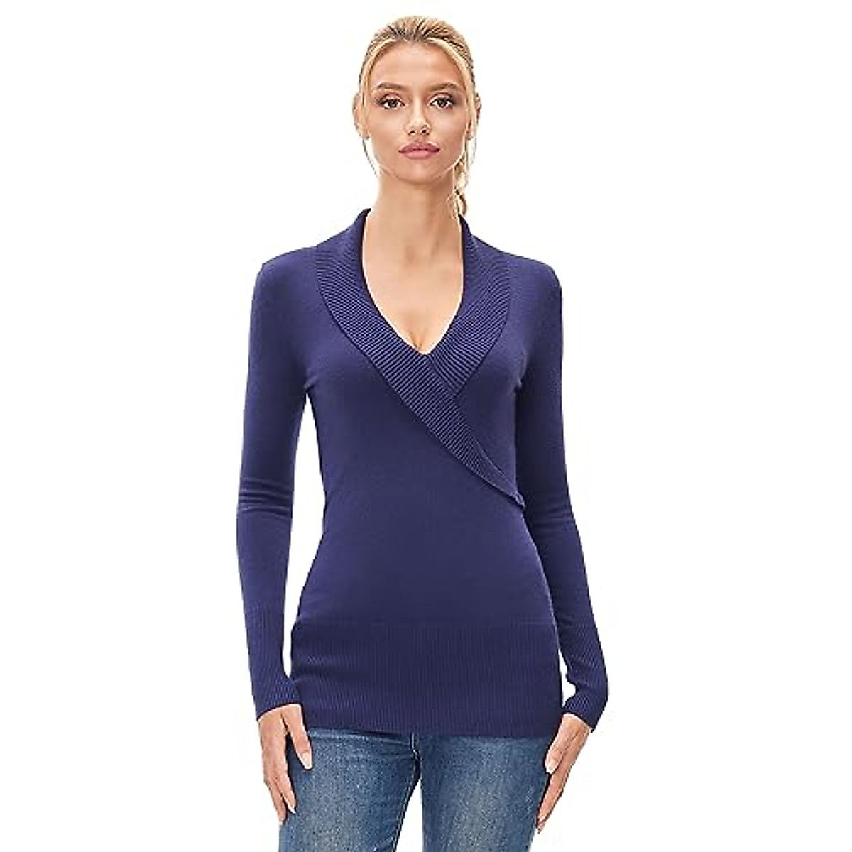 AmélieBoutik Women Shawl Collar V Neck Faux Wrap Long Sleeve Tunic Sweater (Blue Large)