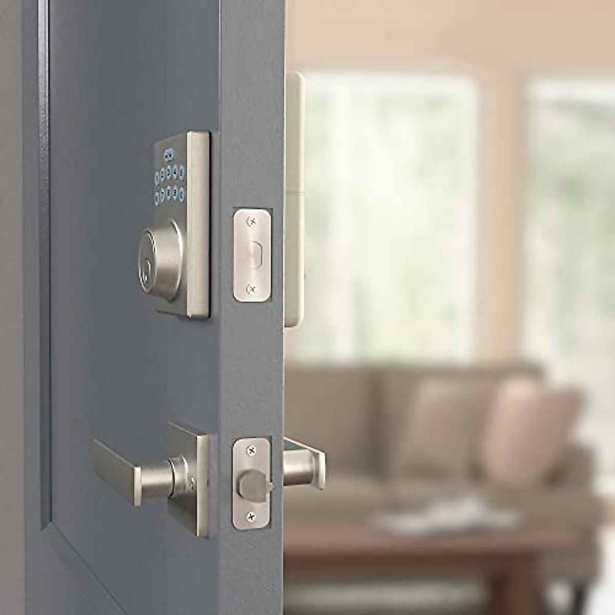 Amazon Basics Contemporary Electronic Keypad Deadbolt Door Lock With Passage Lever, Satin Nickel, 6.62 cm x 11.81 cm