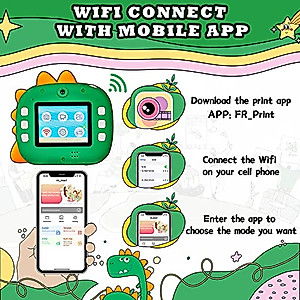 WQ Kids Camera Instant Print, 1080P Dinosaur Digital Print Camera for Kids with Dual Lens,Selfie Video Camera with Phone Connected,Zero Ink Instant Print Camera Ideal Gift for Boys Girls 3-12