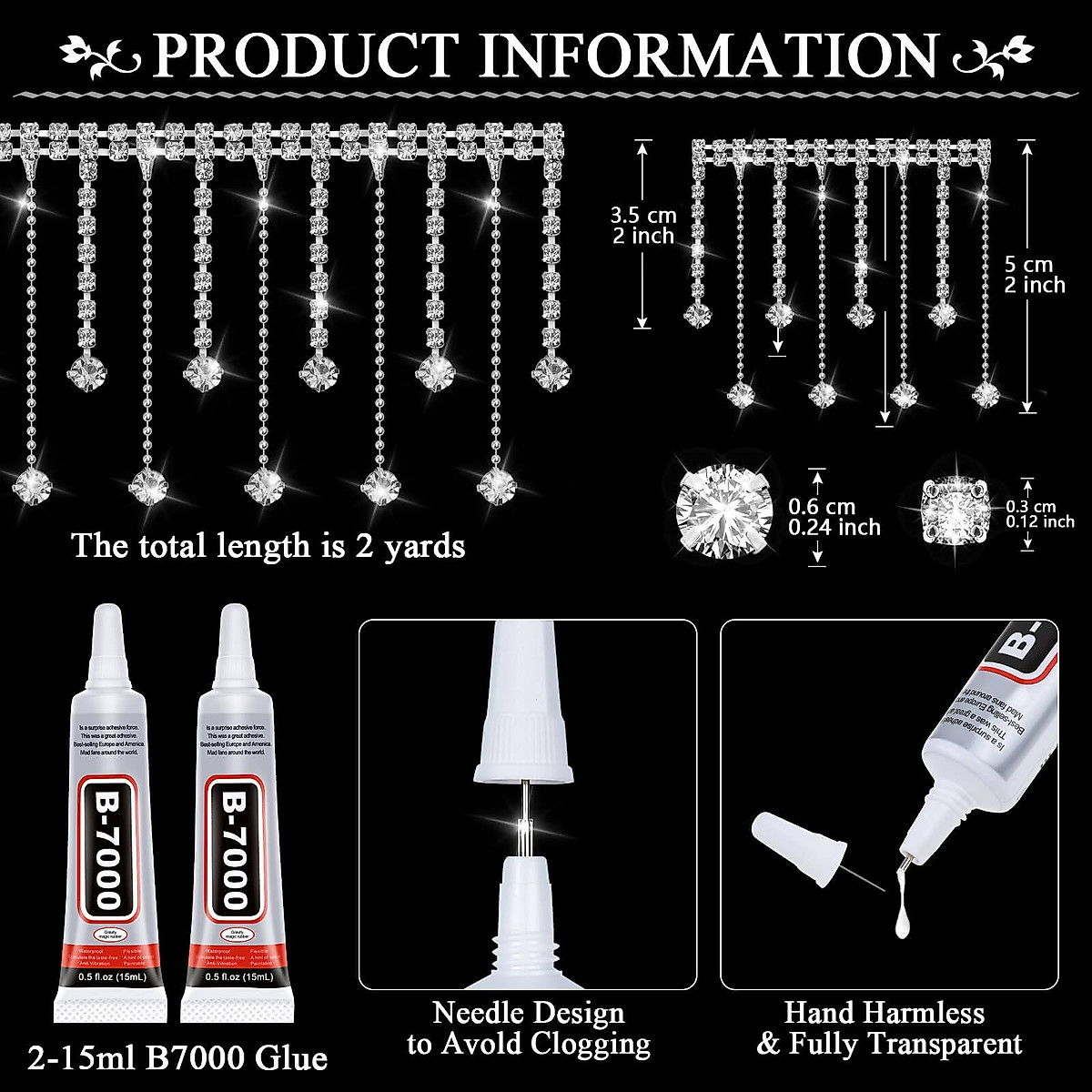 Tetutor 2 Yard Rhinestone Trim Fringe with B7000 Glue, Irregular Rhinestone Fringe Belt Rhinestone Tassel, Sparkle Diamond Fringe Rhinestone Ribbon Tassel Chain for DIY Clothing Wedding Decoration