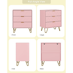 Aobafuir 3 Drawer Dresser for Bedroom, Modern Closet Dressers Chest of Drawers, Storage Dresser Chest Cabinet Organizer Unit, Small Fluted Dresser for Bedroom (Pink Diamond)