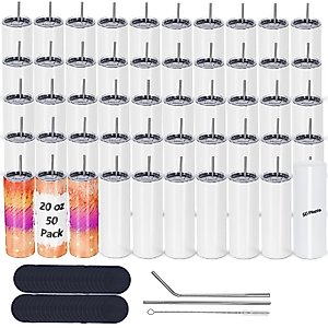 Micellwuu 50 Pack Sublimation Tumblers Bulk 20 oz Skinny Straight，Stainless Steel Sublimation Blanks Cups White, Individually Boxed