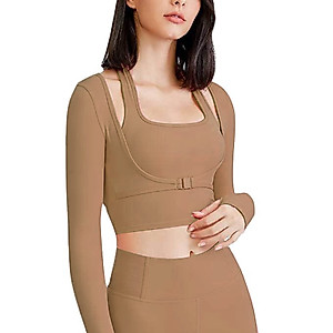 COZYPOIN Women Yoga Bra Long Sleeve Cropped Athletic Shirts Workout Tops Gym Cutout Sports Tees with Built(Coffee-S)