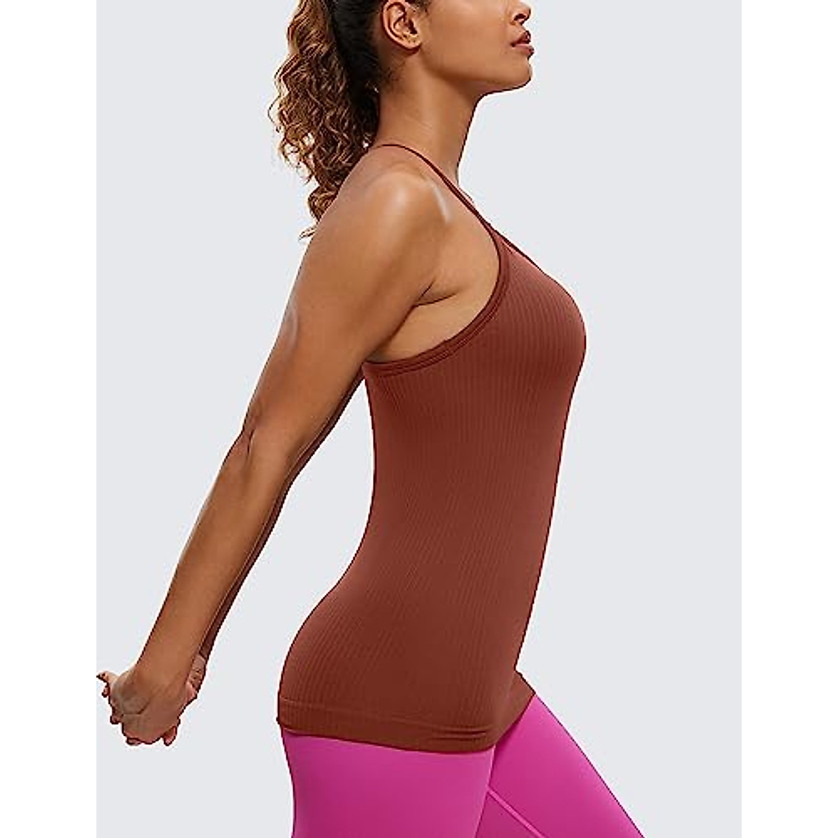 CRZ YOGA Seamless Workout Tank Tops for Women Racerback Athletic Camisole Sports Shirts with Built in Bra Jujube Brown X-Large