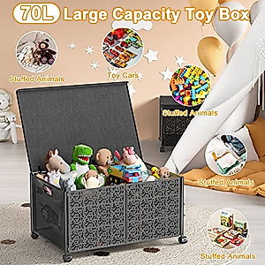 SHIISEWE Toy Storage Box, Metal Toy Organizers and Storage Bins, Large Toy Box for Boys Girls, 70L Toys Storage Chest with Wheels, Collapsible Kids Toy Storage Organizer for Nursery, Playroom
