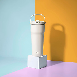 Zak Designs Sutton Travel Tumbler for On the Go, 30oz Stainless Steel with Vacuum Insulation, Straw Spout, Carry Handle for Cold Drinks (Cream White)