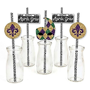 Mardi Gras Paper Straw Decor - Masquerade Party Striped Decorative Straws - Set of 24