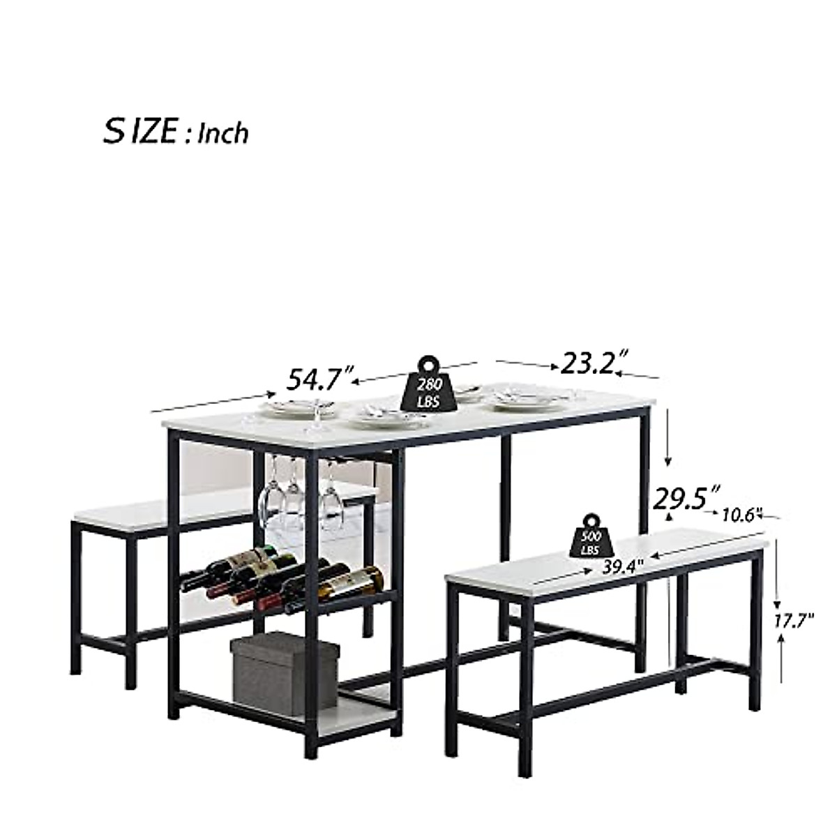 Vmobili Dining Table Set for 4,3 Piece Kitchen Table and Chairs Set with 2 Benches, Breakfast Nook Table Set, Dining Table with Wine Rack and Storage Shelf Small Metal Frame Kitchen Table