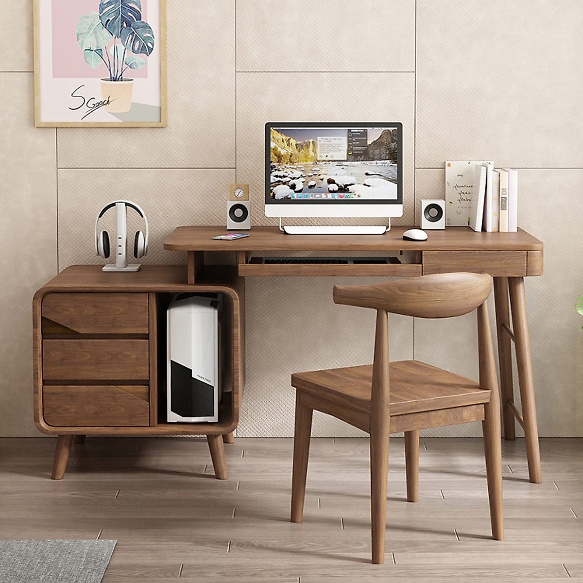 TOMYEUS Study Computer Desk Stable Wooden Desktop PC Desk with Lockers, Drawers and Keyboard Tray Modern Home Working Study Table Scalable Study Room Workstation Home Office Writing Desk