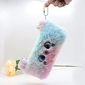 Plush Cat Pencil Case Cute Gradient Colorful Pen Bag Soft Makeup Pouch Coin Purse Storage Stuffed Animal Bag for Women Girls Daughter School Office