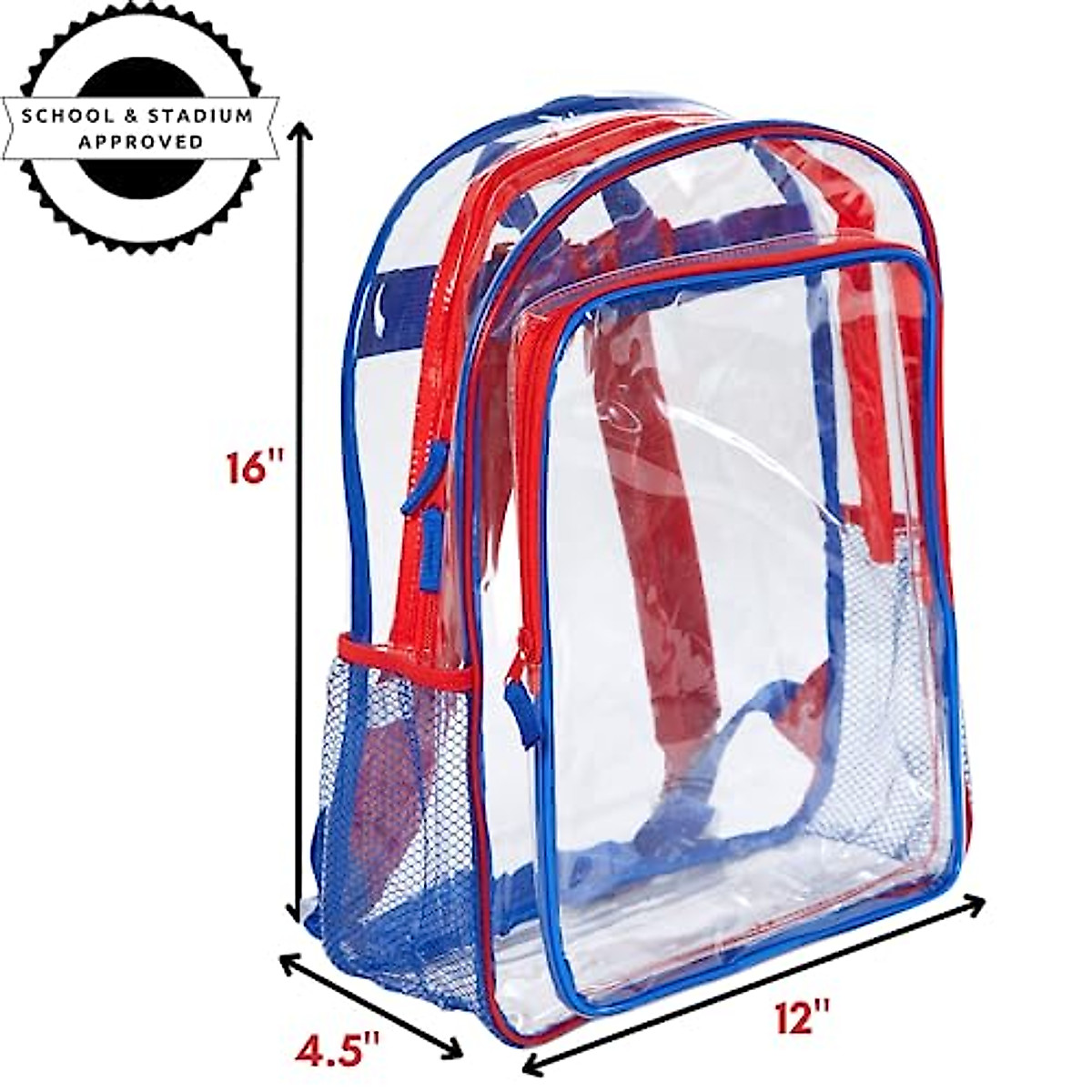 Large Clear Backpack for Kids with School Supplies Set, 16 inch Stadium Approved Transparent Bag, Red and Blue