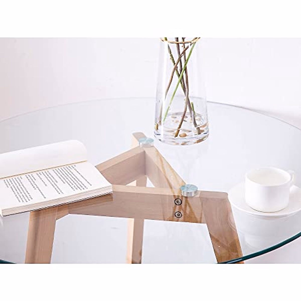 Ivinta Round Glass Dining Table, Modern Leisure Table with Wood Legs for Kitchen Dining Room Living Room, Accent Table Small Tea Table for 2, Space Saving, 31.5 inch