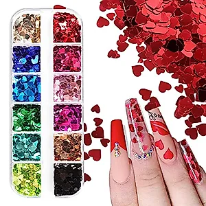 12 Grids 3D Heart Nail Glitter Sequins Holographic Laser Heart Nail Art Decals Love Nail Stickers Valentines Day Nail Glitter Flakes Red Silver Rose Gold Heart Glitter Design Nail Art Decoration
