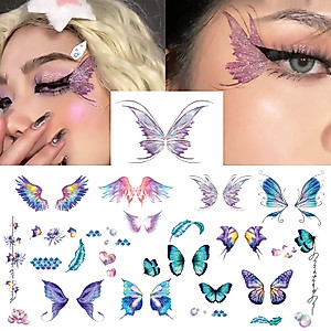 Glitter Butterfly Temporary Tattoos Stickers for Girls, Waterproof Body Stickers Fairy Wings Flowers Waterproof Fake Tattoo Decorations for Kids Women Face Makeup Birthday Party Favors Goodie