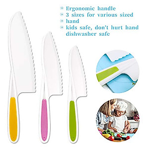 LEEFE 3 Pieces Kids Knife Set for Cooking, with Cutting Board, Safe Lettuce and Salad Knives, Kids Cooking Utensils in 3 Sizes & Colors, Serrated Edges, Plastic Safe Kitchen Knife