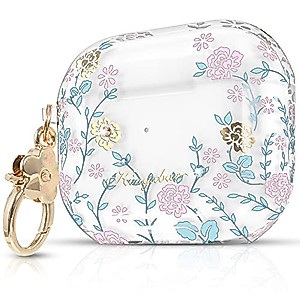 KINGXBAR Compatible with AirPods 3rd Generation Case, Cute Floral Clear Soft TPU Shockproof Protective Cover for Women Girls with Keychain for Apple AirPods 3 2021 Charging Case (Blue)