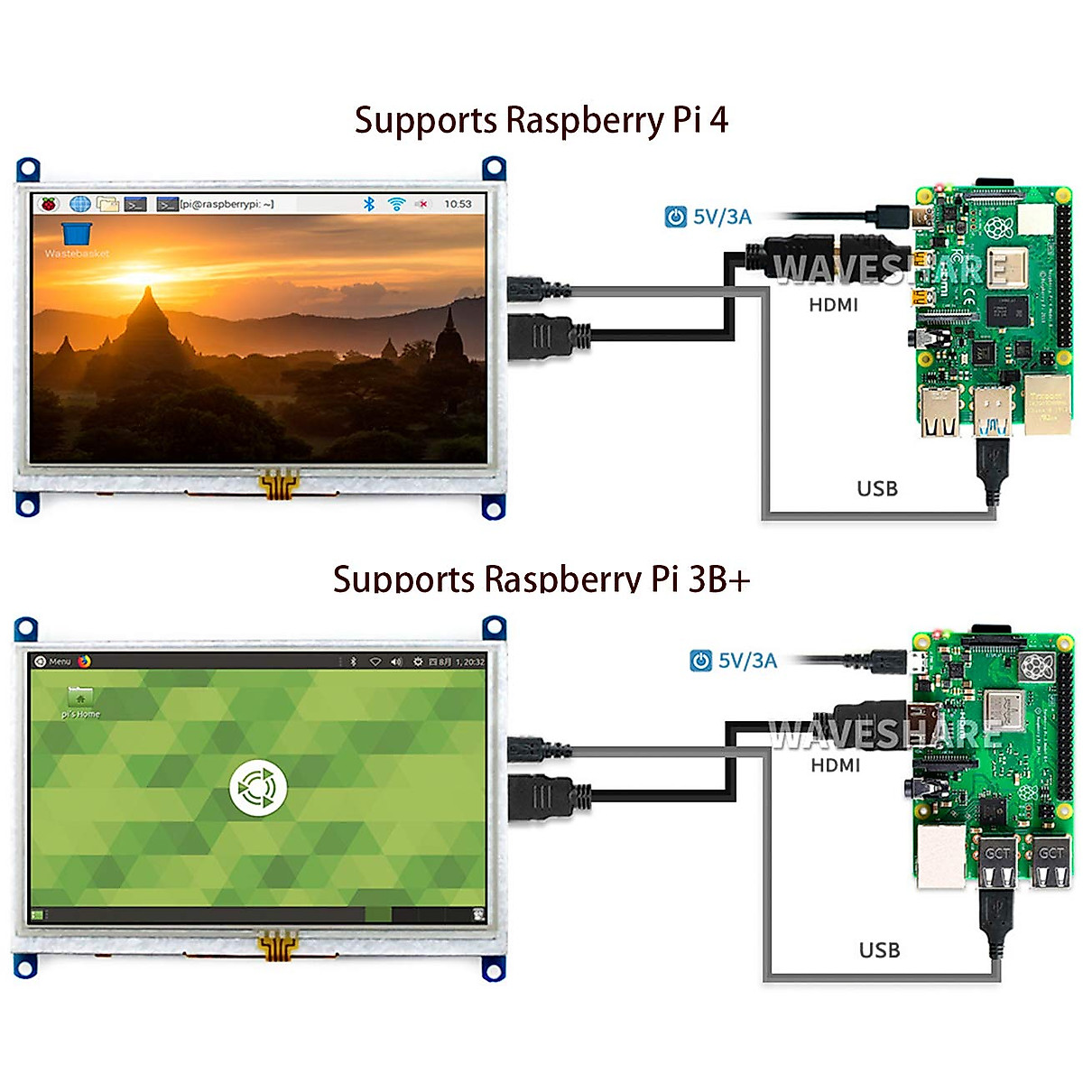 waveshare 5inch HDMI LCD (B) 5" 800×480 Resistive Touch Screen LCD TFT Monitor for Raspberry Pi 4B/3B+/3B/2B/A+/Zero/Zero W/WH, PC Windows 10/8.1/8/7, Driver Free