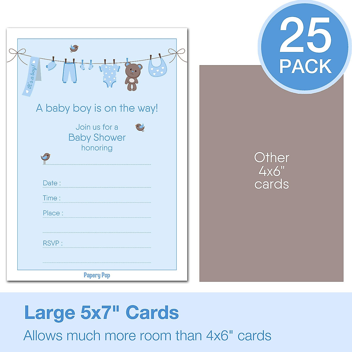Set of 25 Baby Shower Invitations for Boy with Envelopes, Diaper Raffle Tickets and Baby Shower Book Request Cards