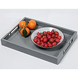 Serving Tray with Polished Metal Handles, 16.5''x12'' Rectangle Coffee Table Tray, Modern Decorative Tray, Large Ottoman Tray, Perfect for Storage and Display (Grey)
