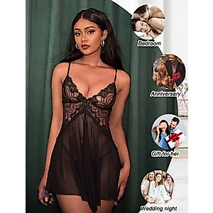 Avidlove Women Lace Lingerie Babydoll Nightgown Mesh Chemise V Neck Sleepwear Full Slip Nightdress Black S
