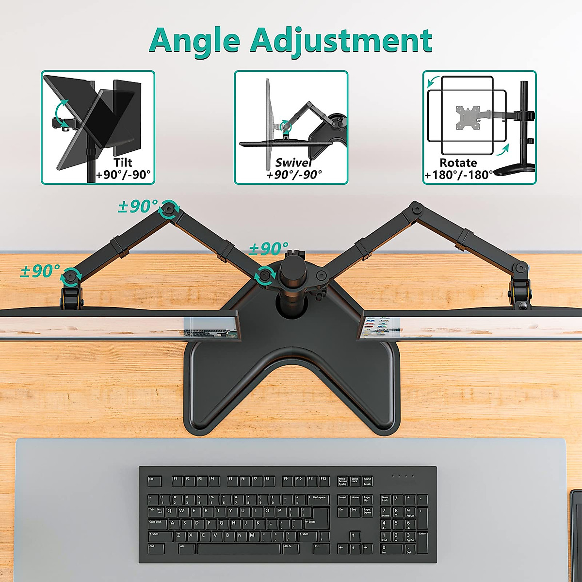 WALI Free Standing Dual LCD Monitor Fully Adjustable Desk Mount Fits 2 Screens up to 27 inch, 22 lbs. Weight Capacity per Arm, with Grommet Base (MF002), Black