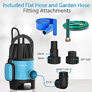 SereneLife Submersible Sump Pump for Pool Draining 400W 1/2HP 1981GPH Bonus 2 Fitting Attachments for USA Garden and Flat Hose, Clean Dirty Water, Auto Float Switch Garden, Yard, Swimming, Tub, Pond