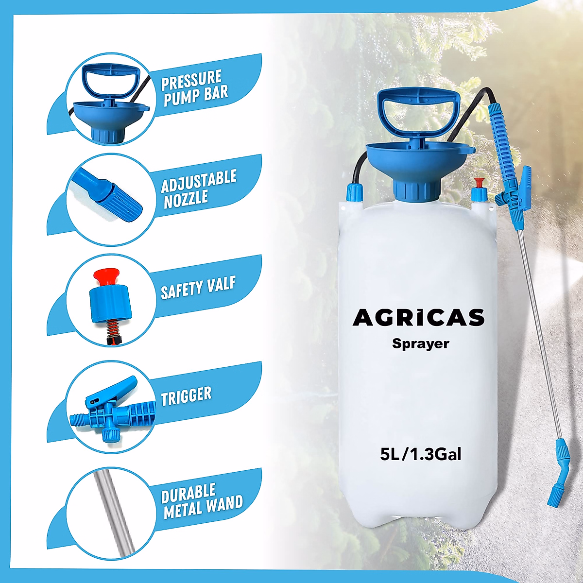 AGRICAS 1.3 Gallon Lawn & Garden Sprayer with Pump and Wand, 5L Pressure Weed Sprayer with Adjustable Nozzles and Shoulder Strap, Yard Pump Sprayer, Large Easy Fill Opening and Safety Valve