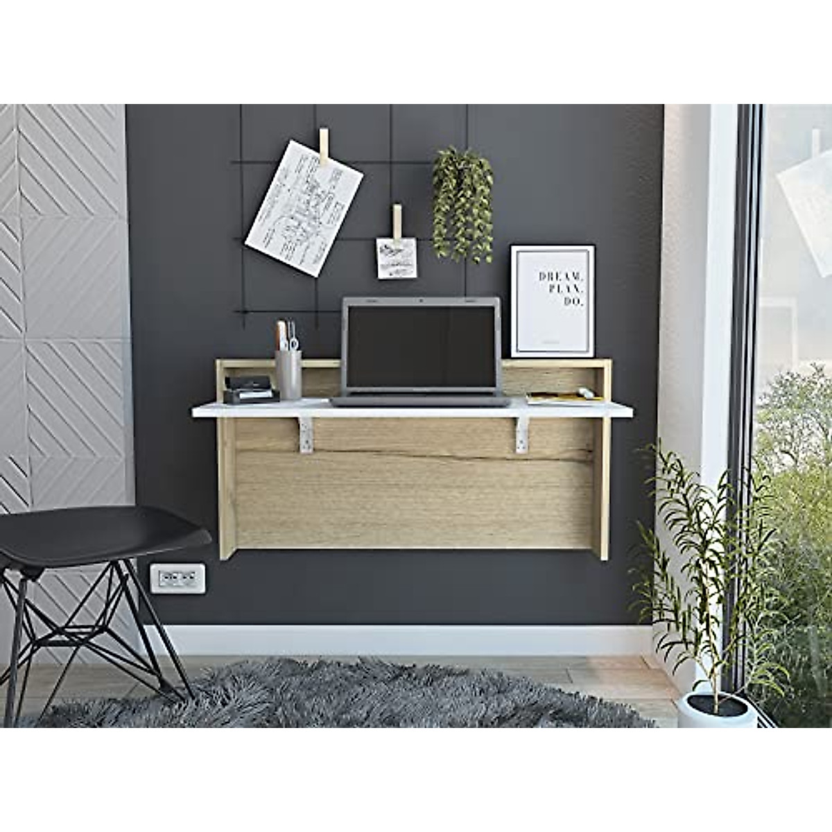 Tuhome London 20-inch Tall Wall-Mounted Floating Desk, Light Oak/White