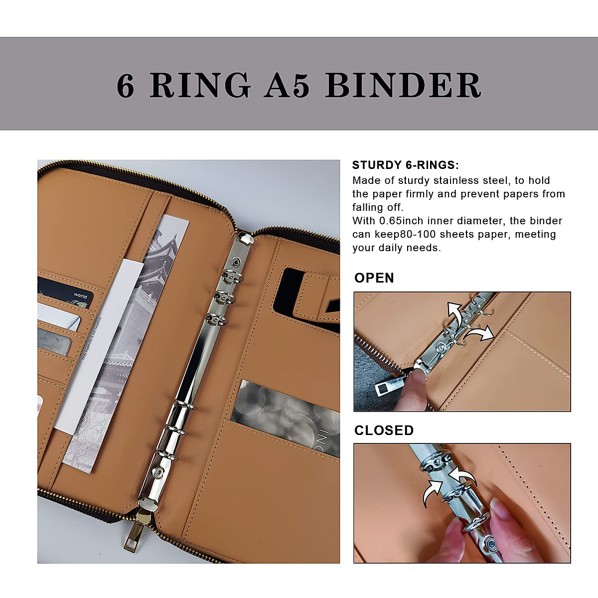 A5 Binder Case PU Leather Portfolio Budget Binder Refillable Notebook Planner Cover with Zipper 6 Rings Money Document Organizer for Business Interview (Brown)