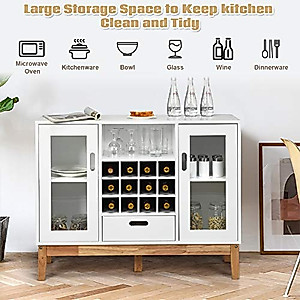 Giantex Buffet Sideboard, Wood Kitchen Server, Storage Cupboard, Wine Rack, 2 Cabinets, Drawer and Open Shelf, Living Room Furniture (White & Natural)