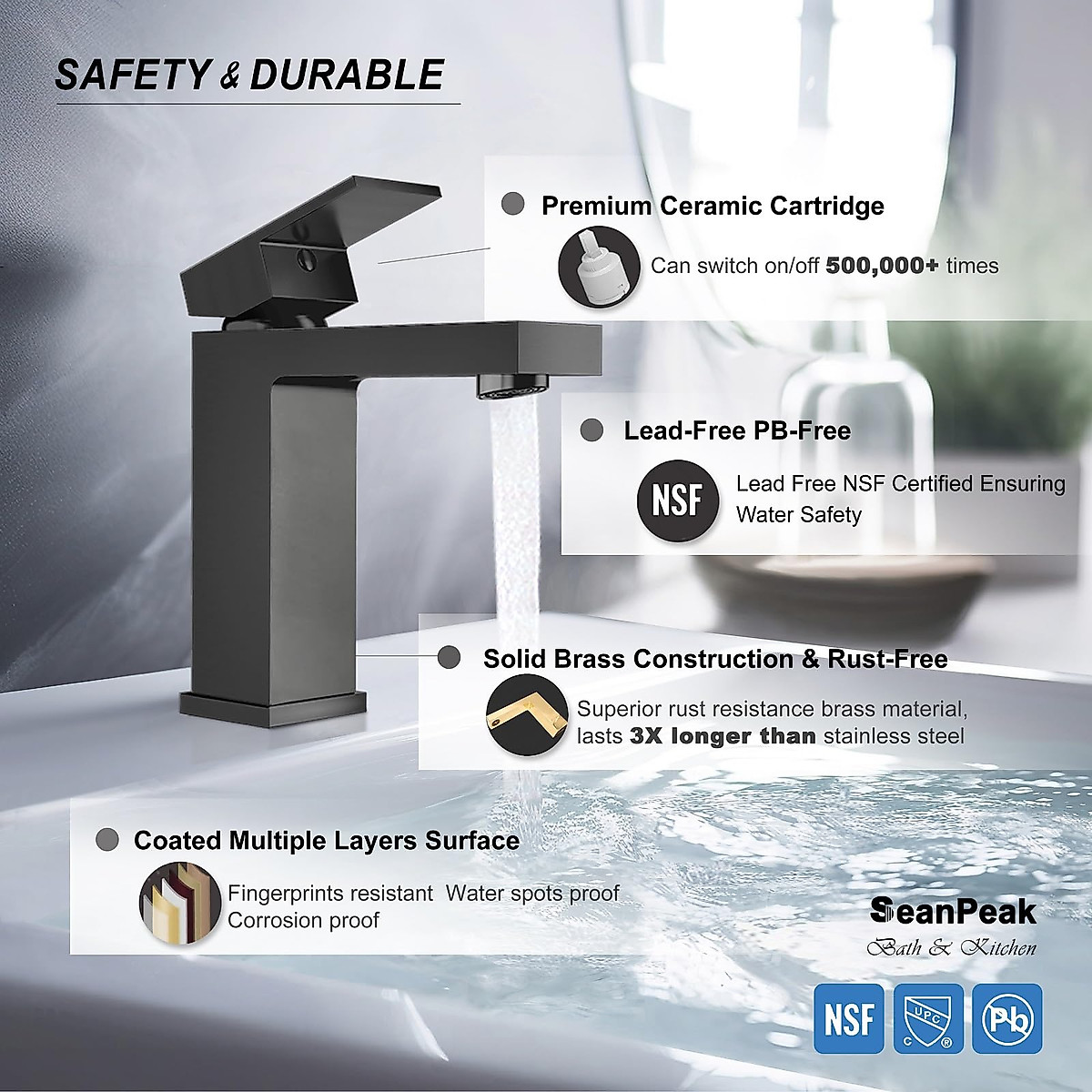 SeanPeak Matte Black Bathroom Faucet, Solid Brass Bathroom Sink Faucet, Lead-Free Single Handle Vanity Faucet with Water Supply Hoses & Pop Up Drain Stopper