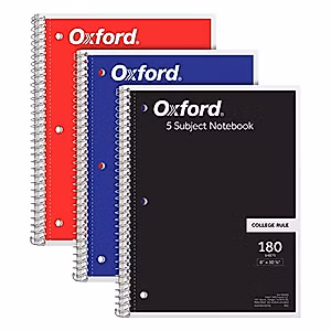 Oxford Spiral Notebook 3 Pack, 5 Subject, College Ruled Paper, 4 Dividers, 8 x 10-1/2 Inches, Black, Red, Blue, 180 Sheets (65203)