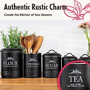 noonberry Black Canisters for Kitchen Counter, Set of 3 - Airtight Sugar and Flour Containers & Kitchen Utensil Holder, Rustic Farmhouse Canister Set for Kitchen Countertop