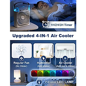 4-IN-1 Portable Air Conditioners Fan, Personal Mini Air Conditioner with 3-Speeds/5 Humidifier Misting Hole/7 Colors Light, USB Handle Evaporative Cooler with Auto Timer for Room Office Travel (ST-02)