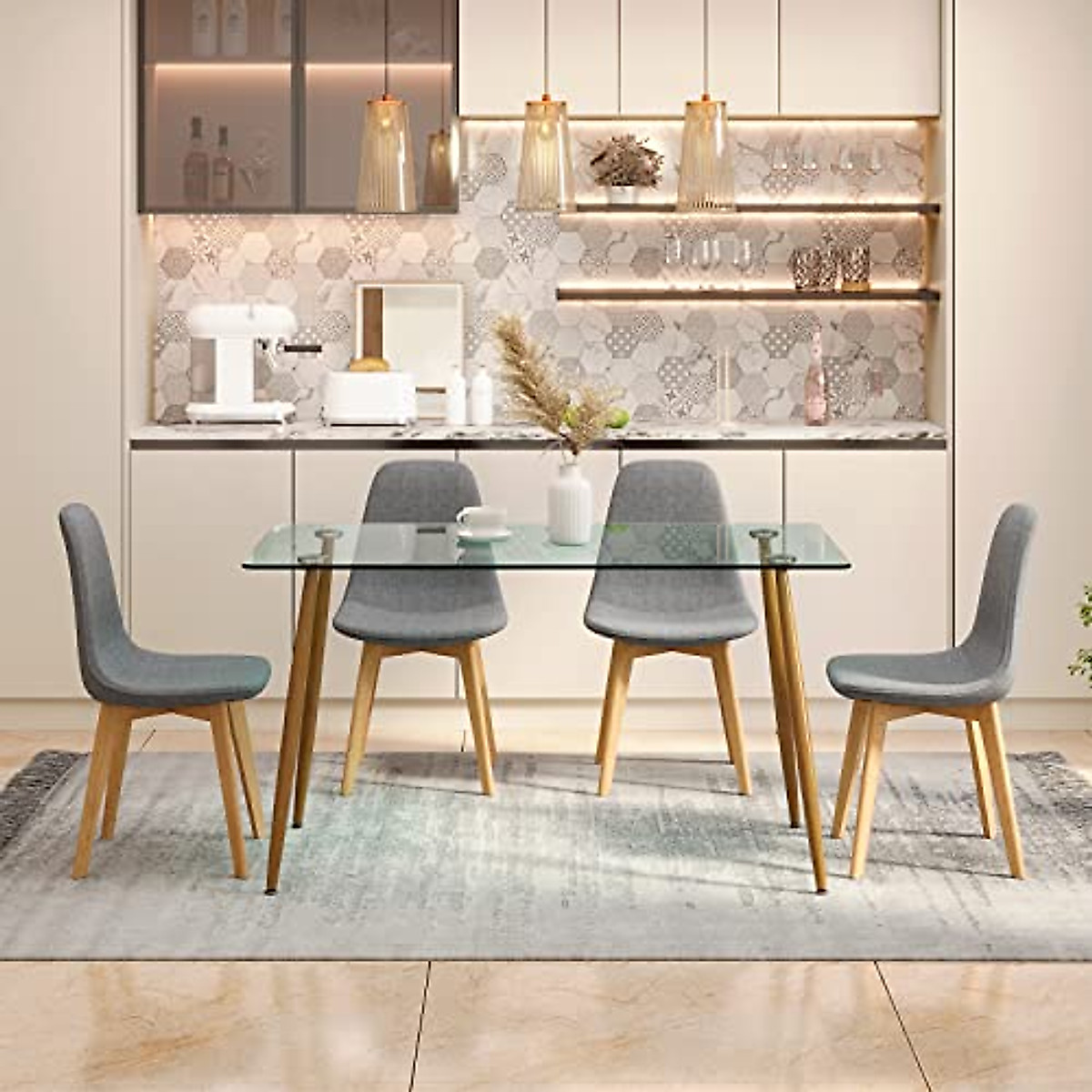 Giantex 5-Piece Dining Room Table Set, Multifunctional Kitchen Dinette Set of 5, 51" L X 27.5" W Table & Chair Set for 5, Rectangular Glass Dining Table & 4 Linen Chairs for Living Room