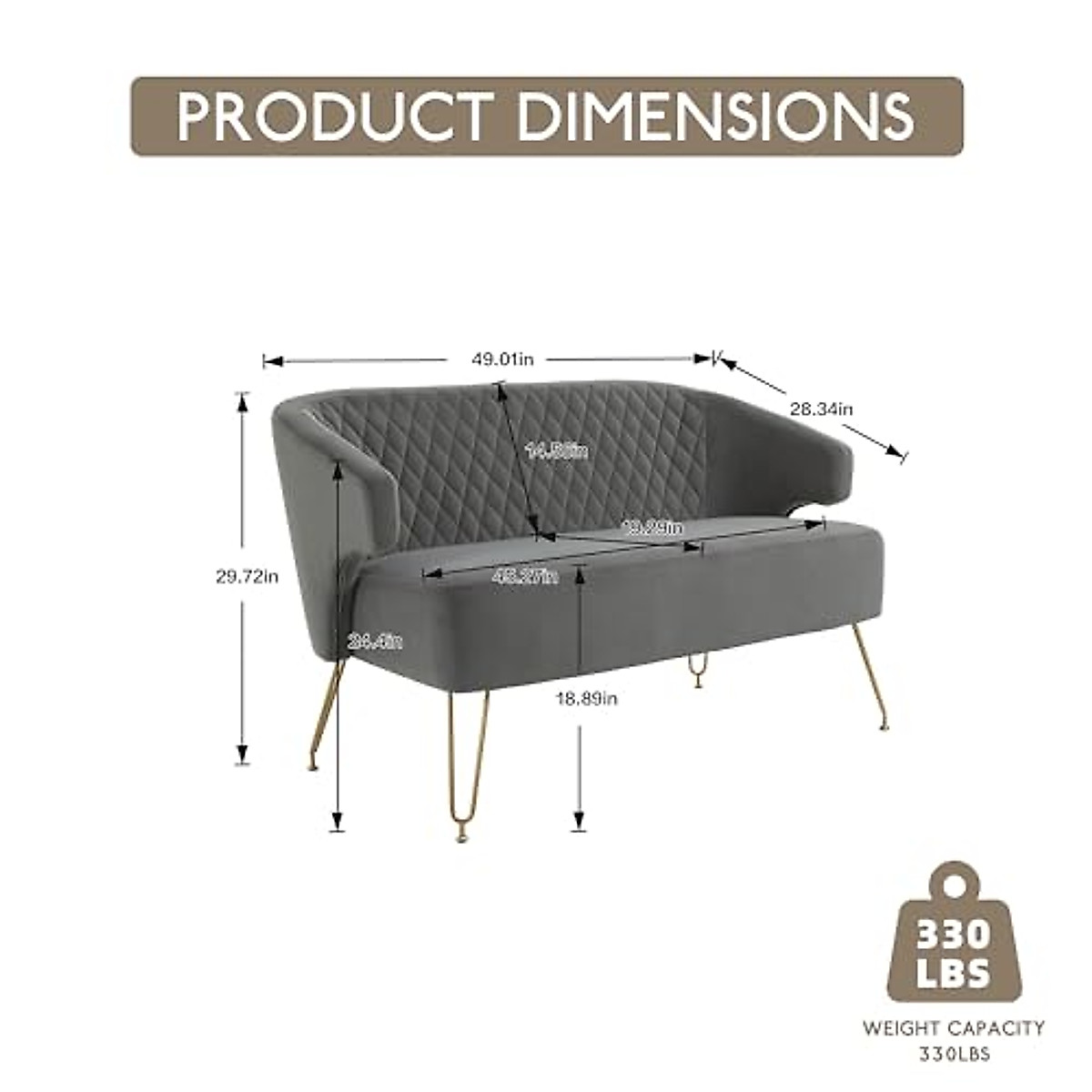 QQU Modern Velvet Loveseat Sofa, Comfy Upholstered Seat Couch with Metal Legs, 2-Seater Accent Sofa Chair, Living Room Sofa with Tufted Backrest, Grey