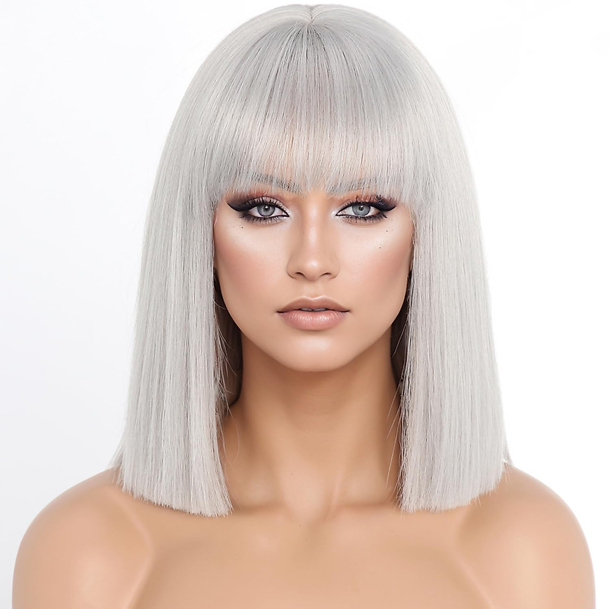 BESTUNG Short Silver Bob Wigs with Bangs,Short Straight Bob Silver Wigs for Women Hair Bob Cut Wig Shoulder Length Wig,Natural Looking Cosplay Daily Party Wig Halloween(12Inch)