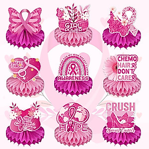 Glodecart 9PCS Breast Cancer Awareness Honeycomb Table Centerpiece for Home, Fight Cancer Theme Pink Ribbon Breast Cancer Table Topper Centerpiece Decorations for Table Decor Charity Party Supplies