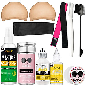 Wig Accessory Essentials Kit Lace Front Wig Glue & Remover, Wig Caps, Elastic Band, Hair Wax Stick, Edge Control, Edge Brush, Hair Shear Dermaplanning Razor Tool and Edge Scarf - 10PCS