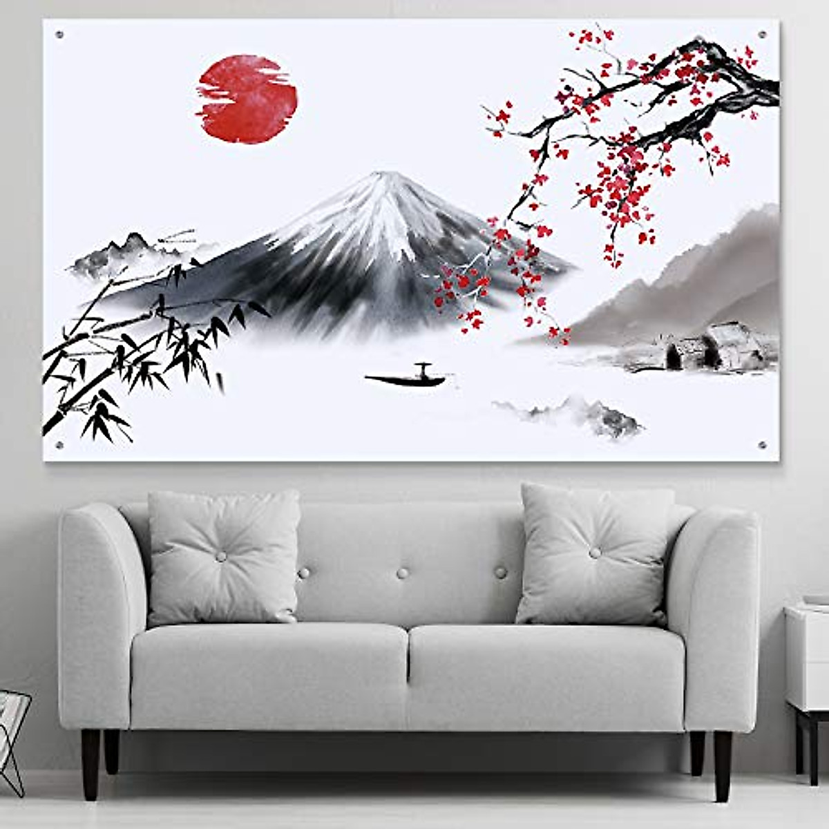 Japanese Wall Hanging Photo Banner Asian Mount Fuji Red Sun Backdrop Japanese Landscape Nature Background for Japanese Party Wall Home Decorations, 72.8 x 43.3 Inch