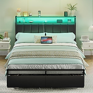 AMERLIFE LED Bed Frame with Drawers, Queen Platform Bed Frame with 2-Tier Storage & Leather Upholstered & Charging Station Headboard, No Box Spring Needed, Easy Assembly, Noise Free, Black